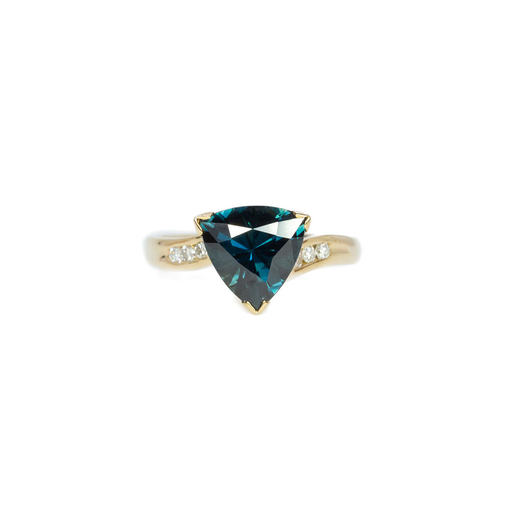 18ct Yellow Gold Trillian Cut 3.1ct Sapphire Diamond Ring Size O Val ...