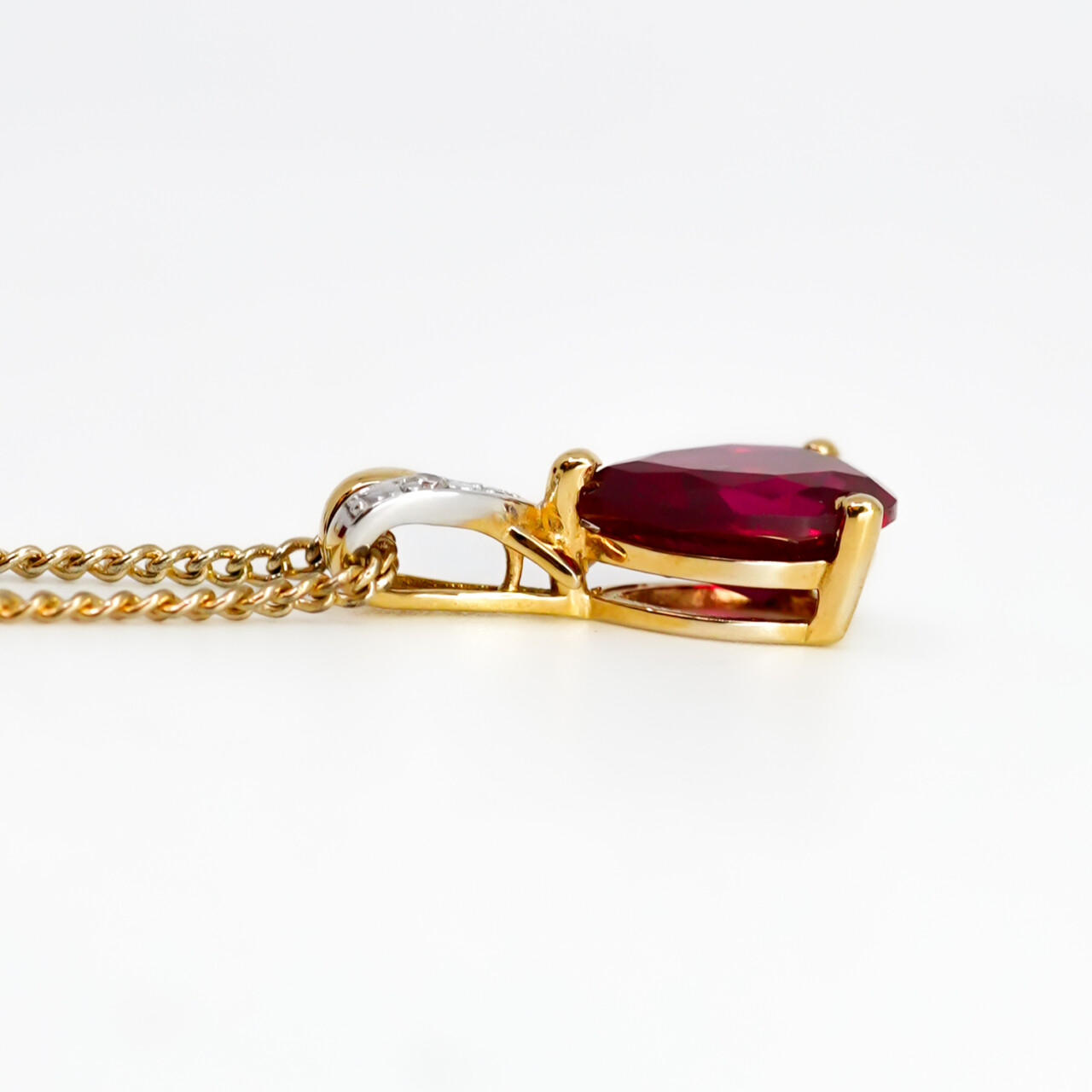 9ct Yellow Gold Pear Cut Ruby & Diamond Pendant On Gold Plated Chain ...