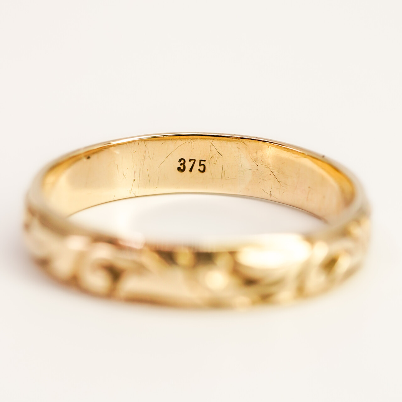 9ct Yellow Gold Ornate Engraved Scrollwork Band – Size Q #67395 - Monty's