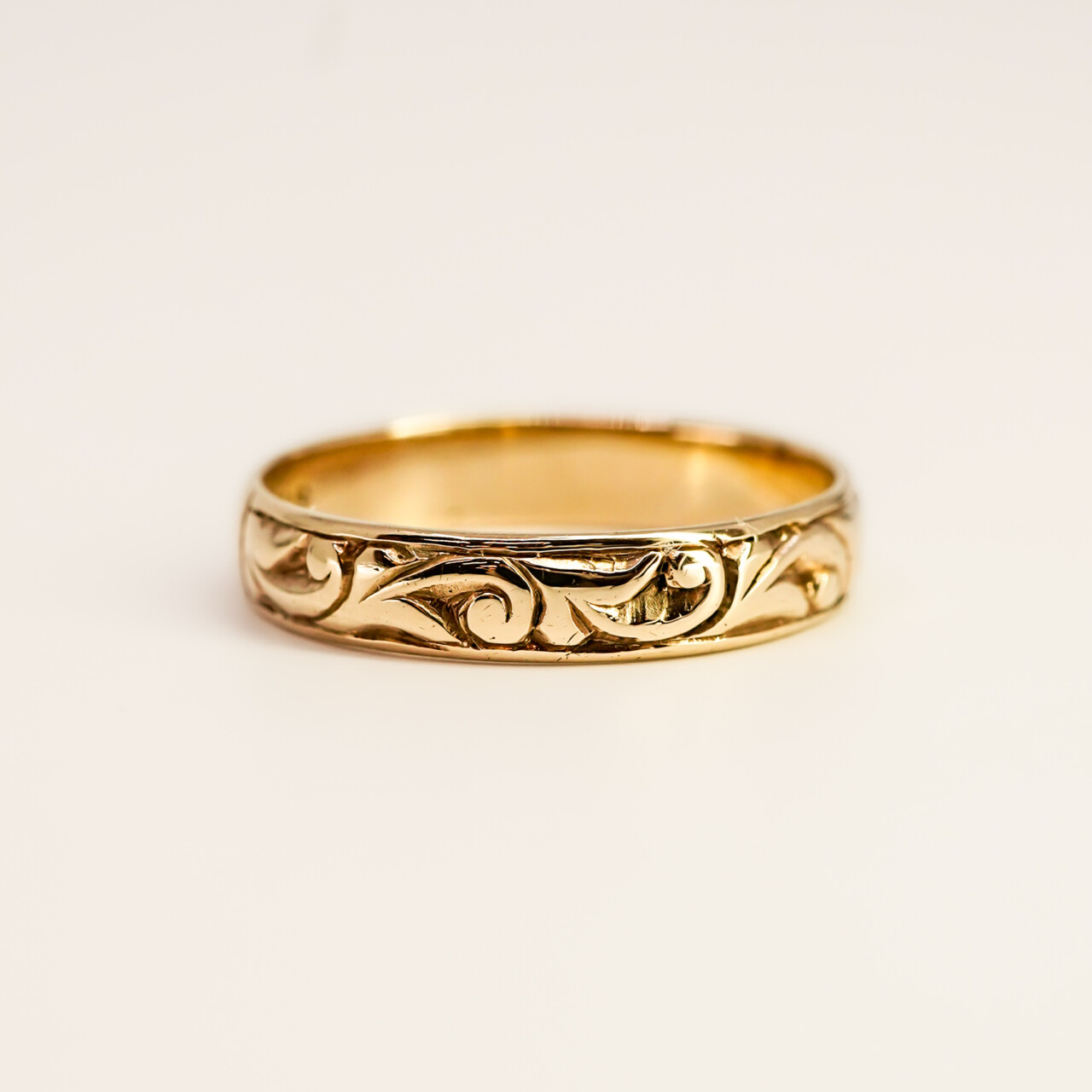 9ct Yellow Gold Ornate Engraved Scrollwork Band – Size Q #67395 - Monty's