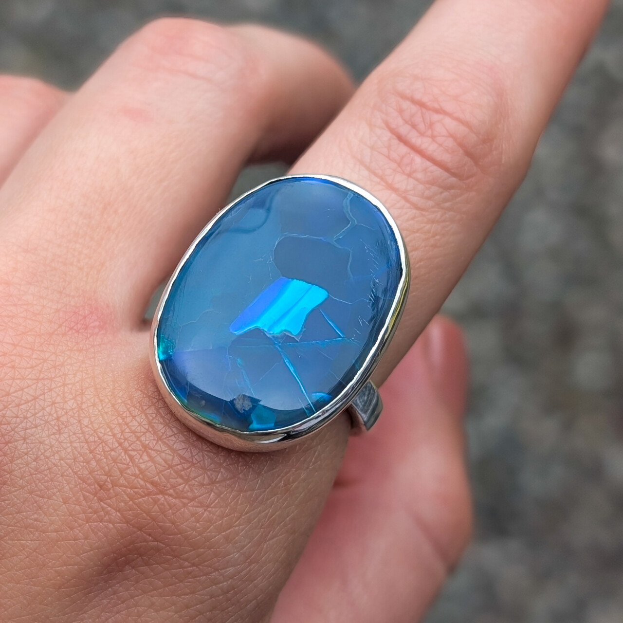 Sterling Silver Large Solid Blue Opal Statement Ring – Size U #68046 ...