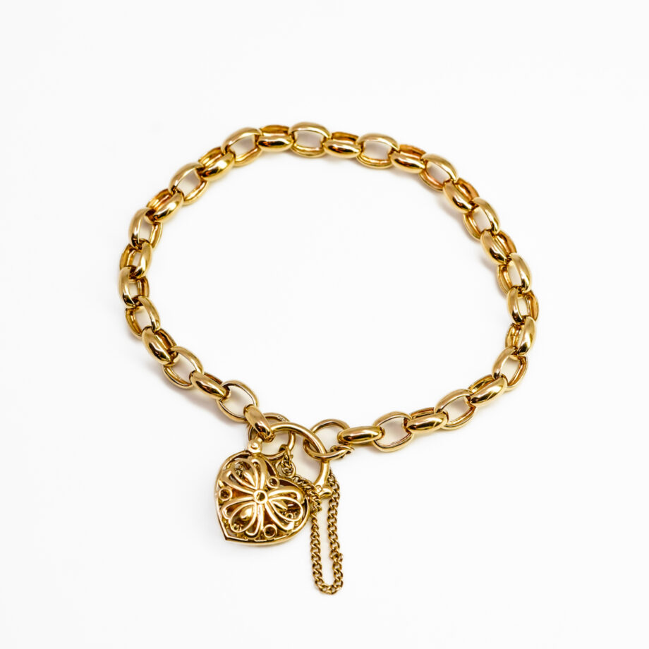 Oval Belcher Bracelet With Diamond Heart Padlock - 9ct Yellow Gold - 18 ...