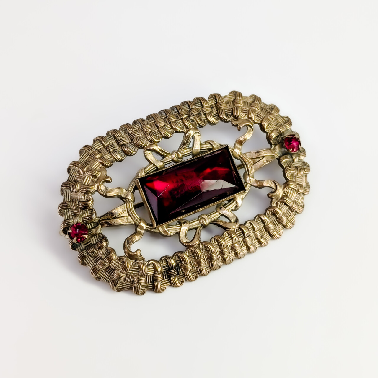 Vintage Brass Brooch With Deep Red Glass Stone #67500 - Monty's