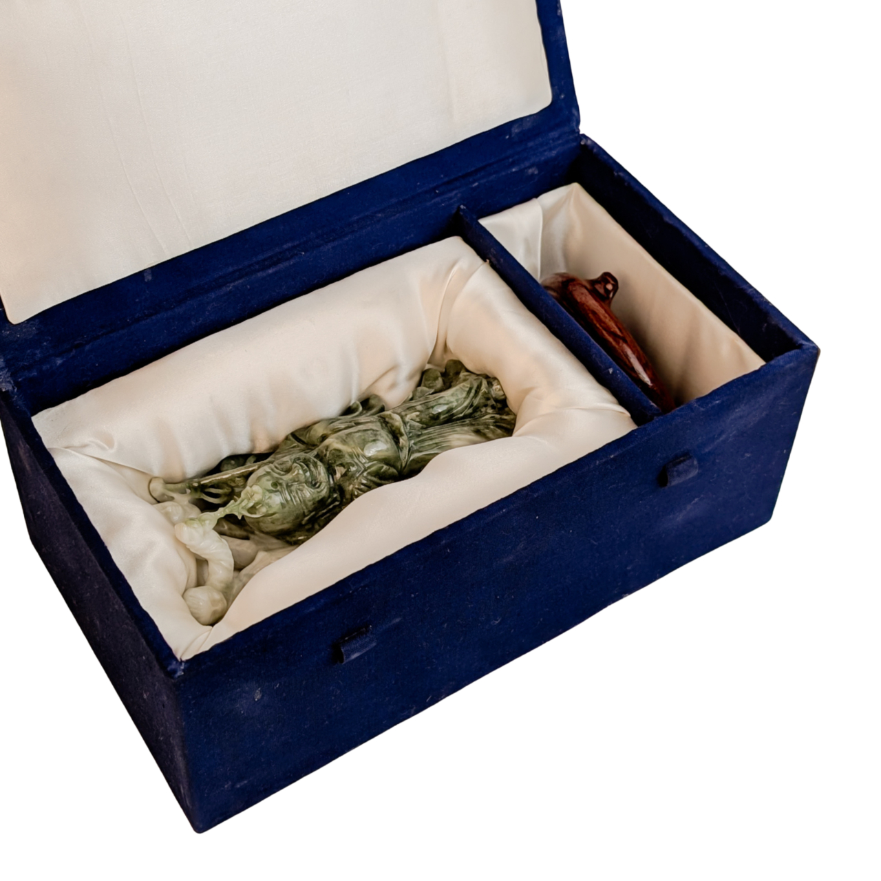 Green Stone Carved Figure Statue Man And Boys With Wood Stand And Box ...