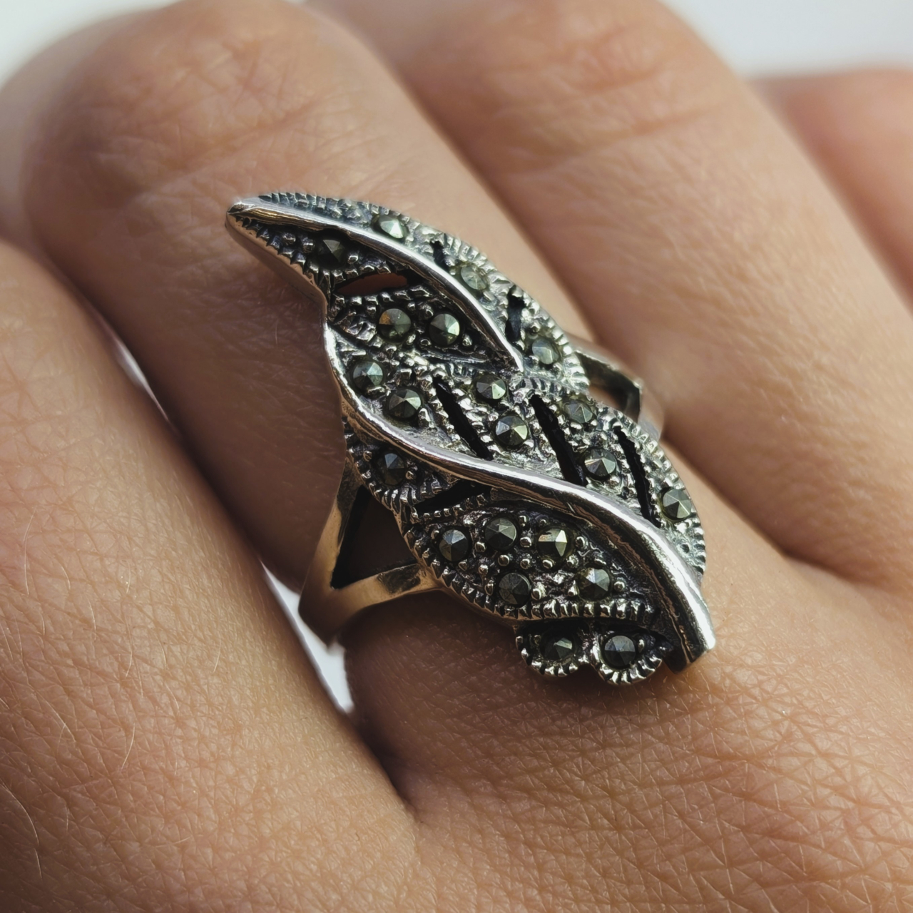 Sterling Silver Marcasite Leaf Ring Size O #68949 - Monty's